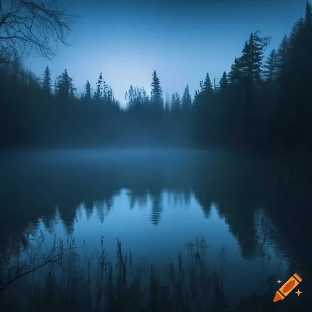 Lake in forest at night with hand reaching towards sky on Craiyon