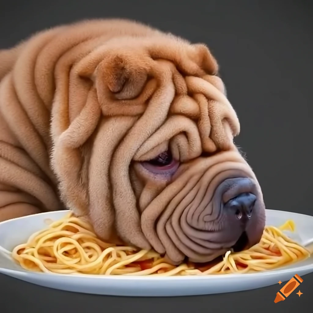 Red shar pei enjoying spaghetti on Craiyon