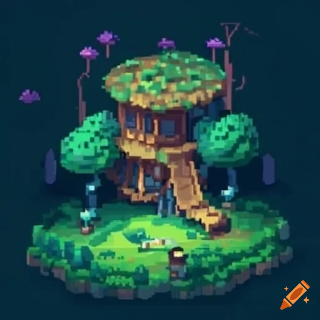 Pixel art of a majestic treehouse in a forest on Craiyon