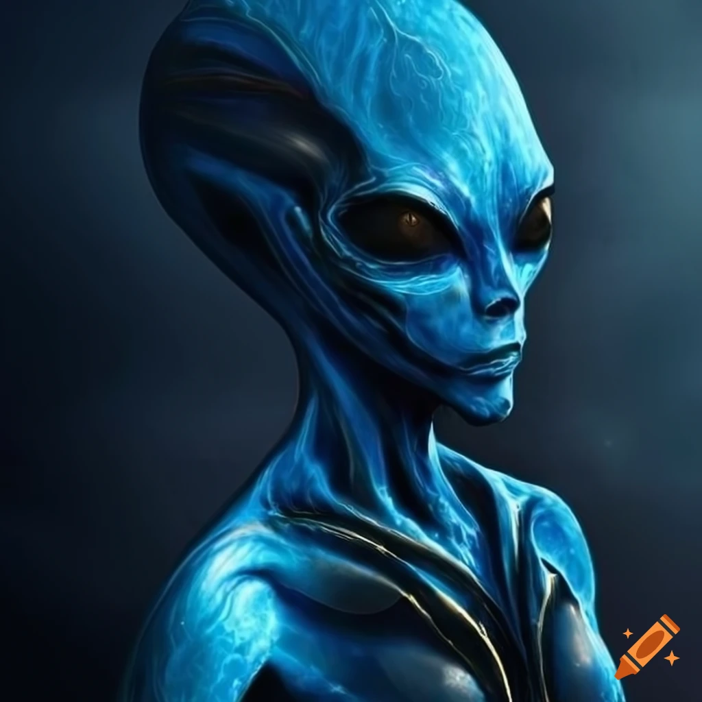 Detailed blue and gold alien in an abstract space setting on Craiyon