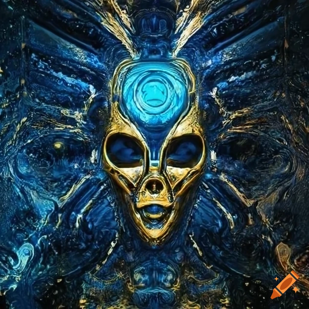 Detailed blue and gold alien in an abstract space setting on Craiyon