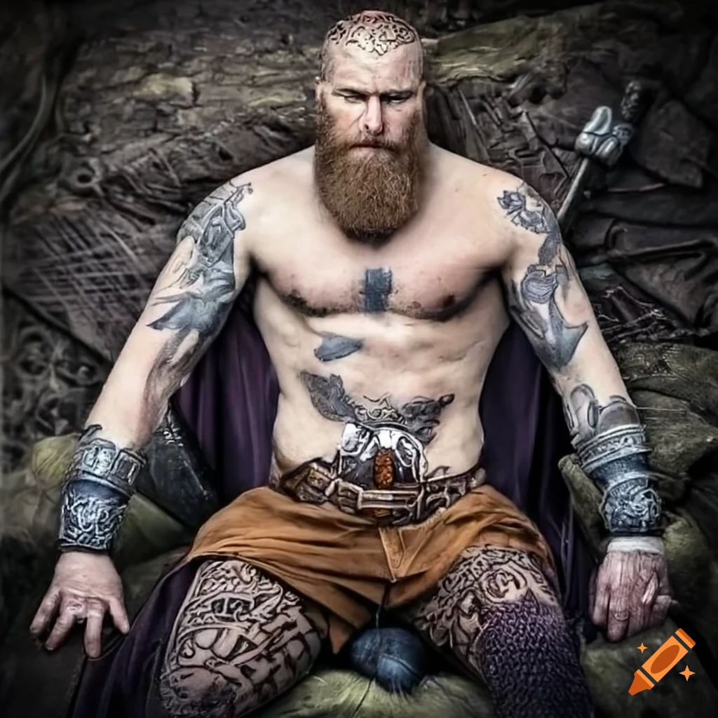 Noble Viking warrior with muscular build and intricate tattoos on Craiyon