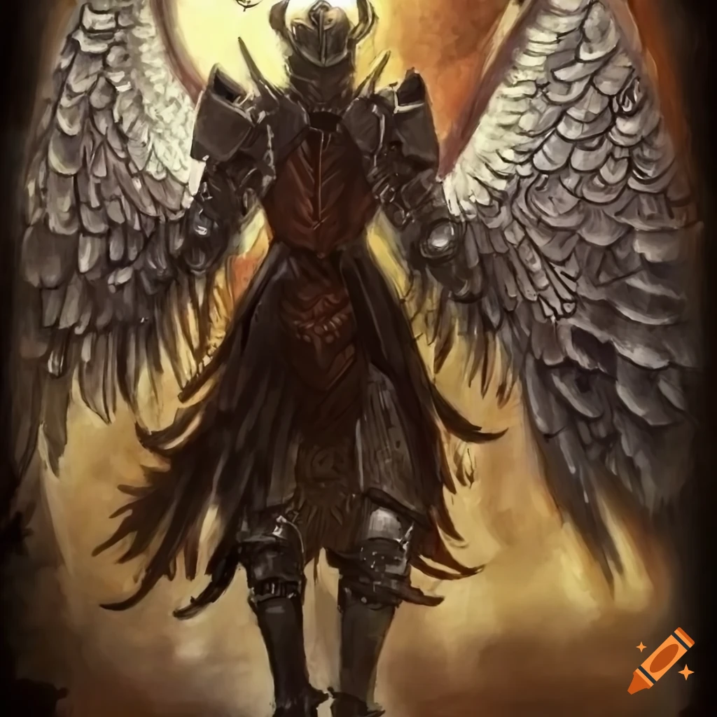 Machine knight with wings and horns in a stunning painting on Craiyon