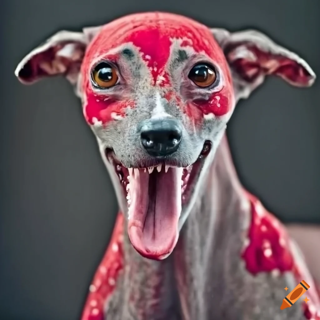 Scary barking italian greyhound covered in red paint on Craiyon