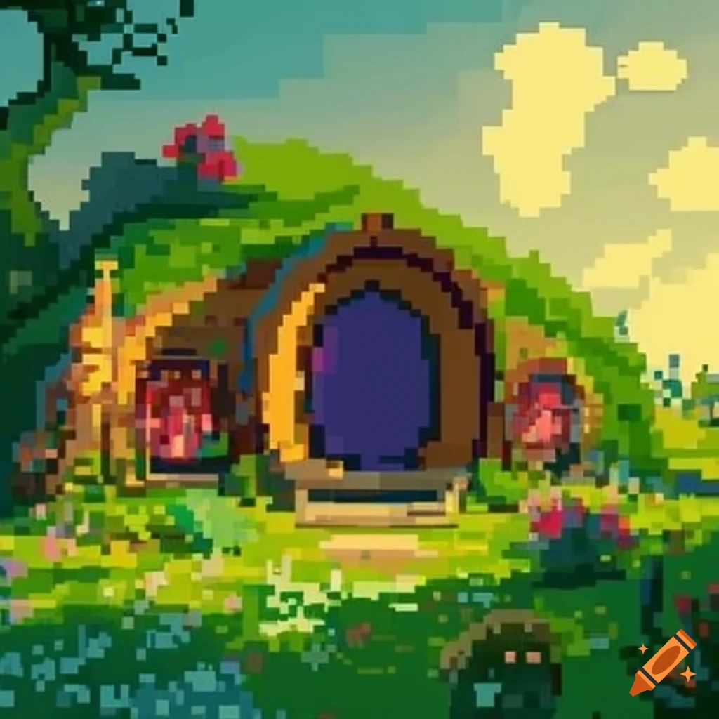 Pixel art of a cozy hobbit house surrounded by blossoming flowers on ...