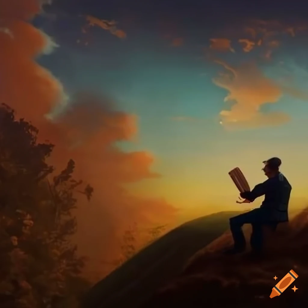 Man reading a book on a hill with roads leading into twilight on Craiyon