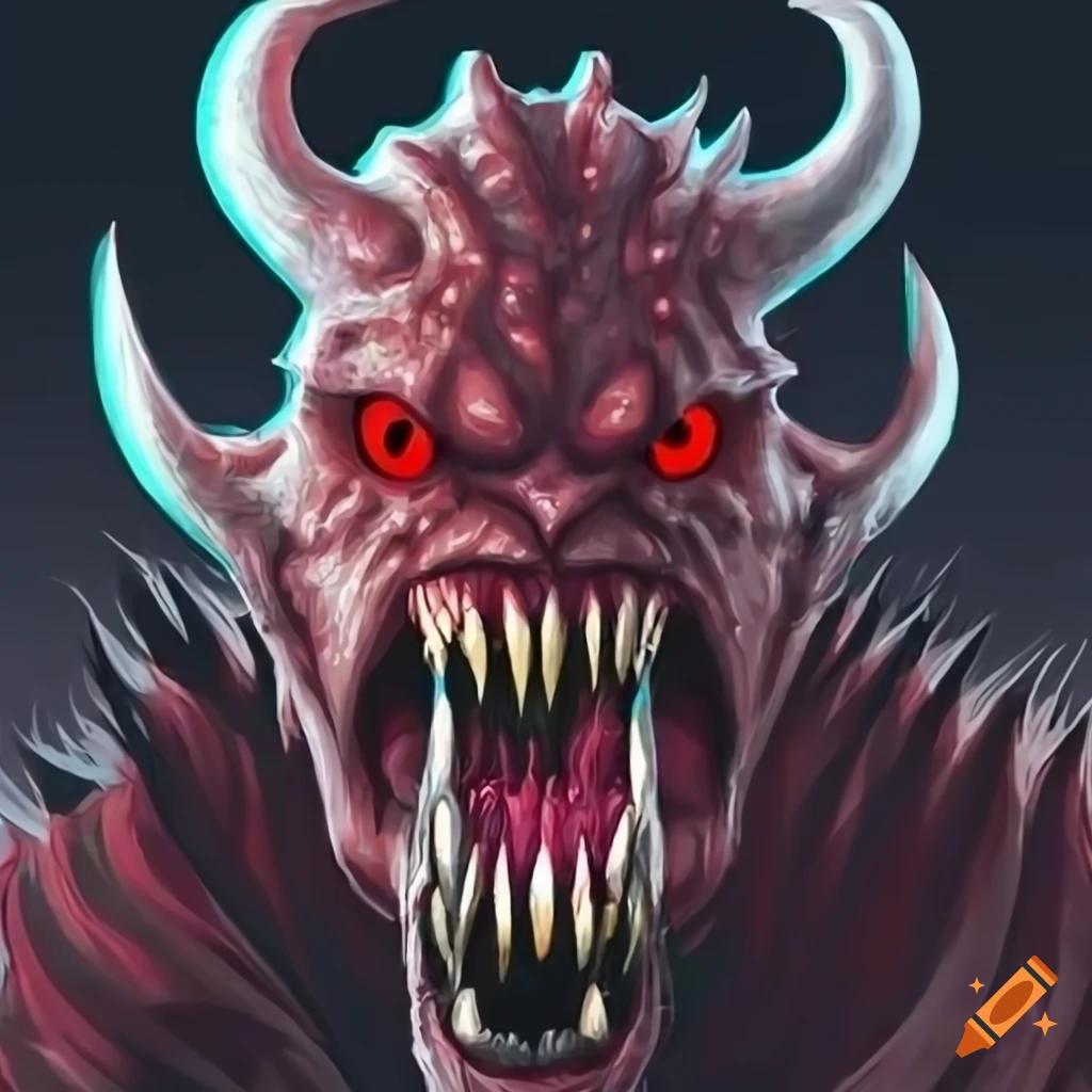 Vicious monster with horns, glowing red eyes and mouth, fangs, and a ...