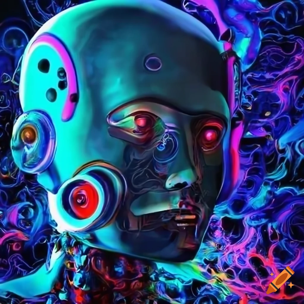 Futuristic psychedelic robot with in-ear monitors on Craiyon