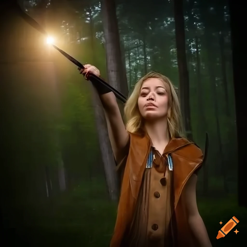 Woman with wavy blonde hair shooting an arrow in a misty forest on Craiyon