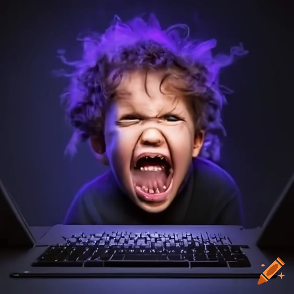 Angry child yelling at computer screen on Craiyon