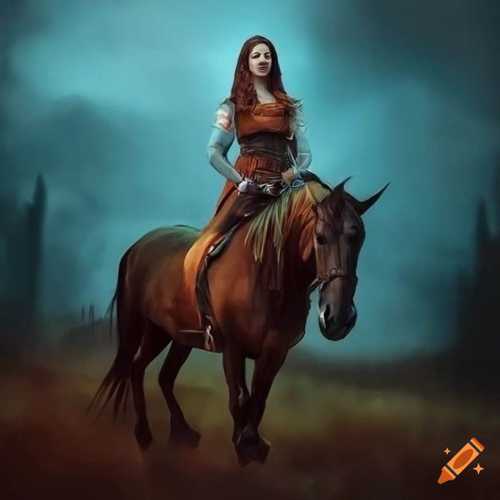 Fantasy female riding a horse in colorful outfit in a DnD style setting ...