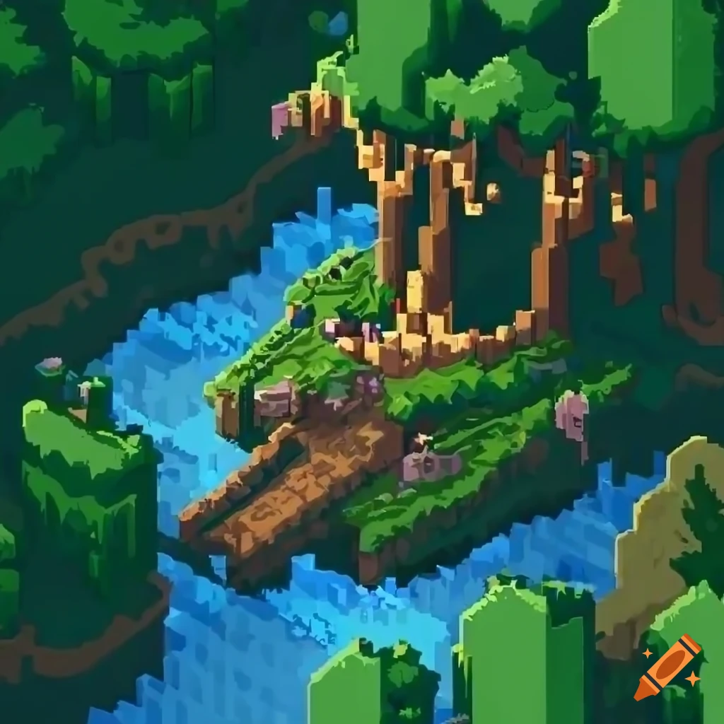 Detailed top-down pixel art isometric enchanted forest map on Craiyon