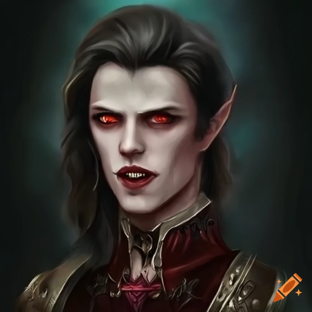 Handsome vampire man with a heroic fantasy elf background on Craiyon