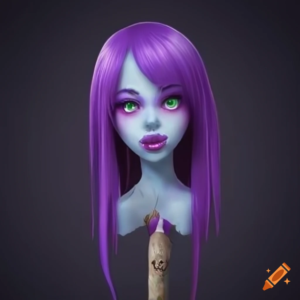 Purple haired ghost girl with a staff on Craiyon