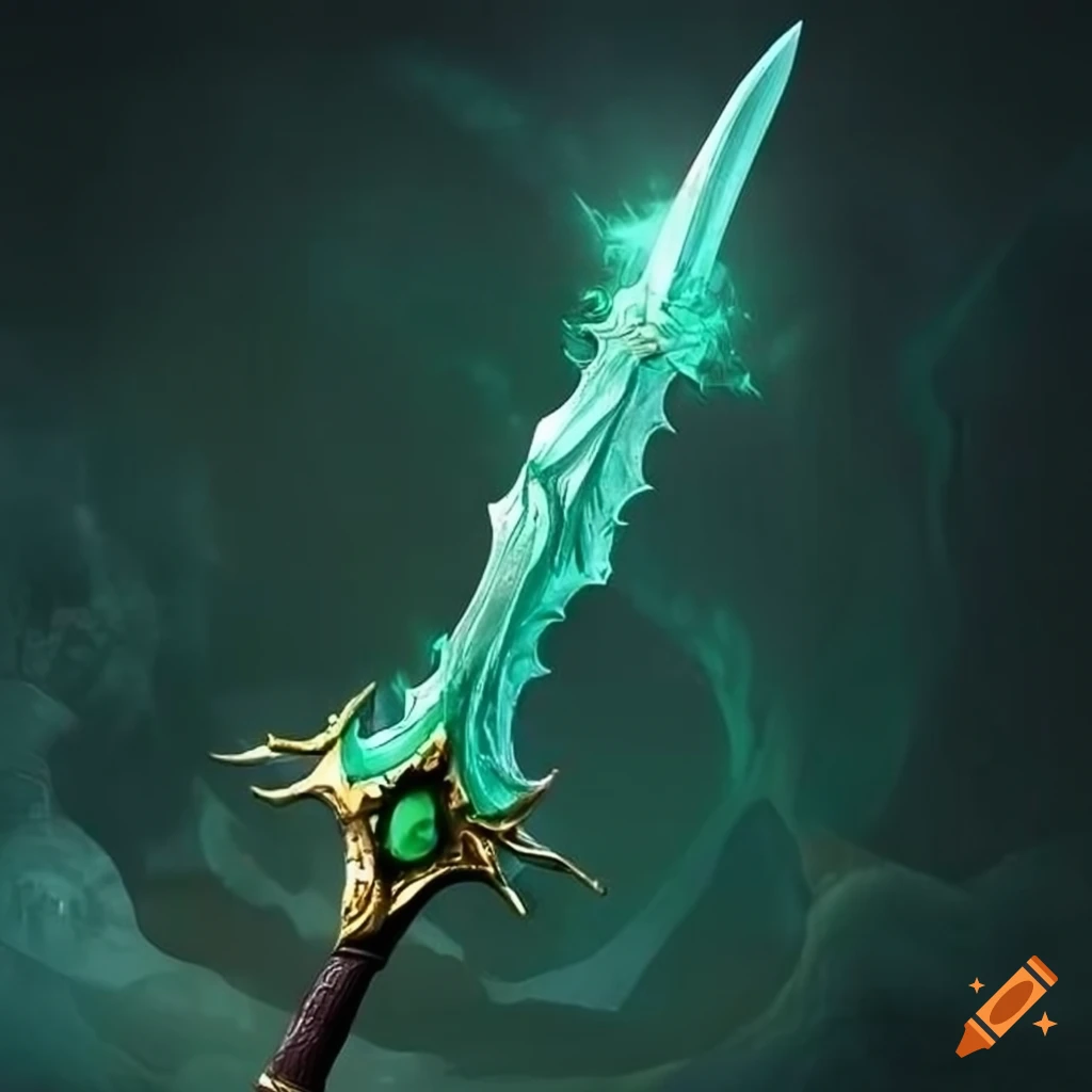 Mythic green forest with a sword in a fantasy setting on Craiyon