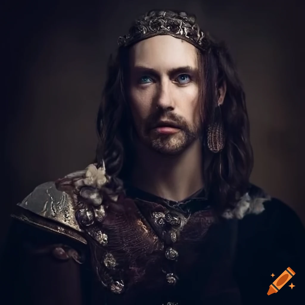 Young handsome medieval king with dark blue eyes and detailed facial ...