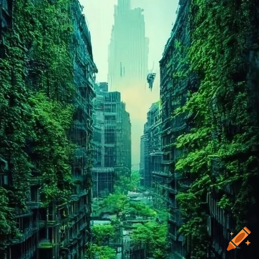 Surreal cityscape overtaken by lush vegetation and vines on Craiyon