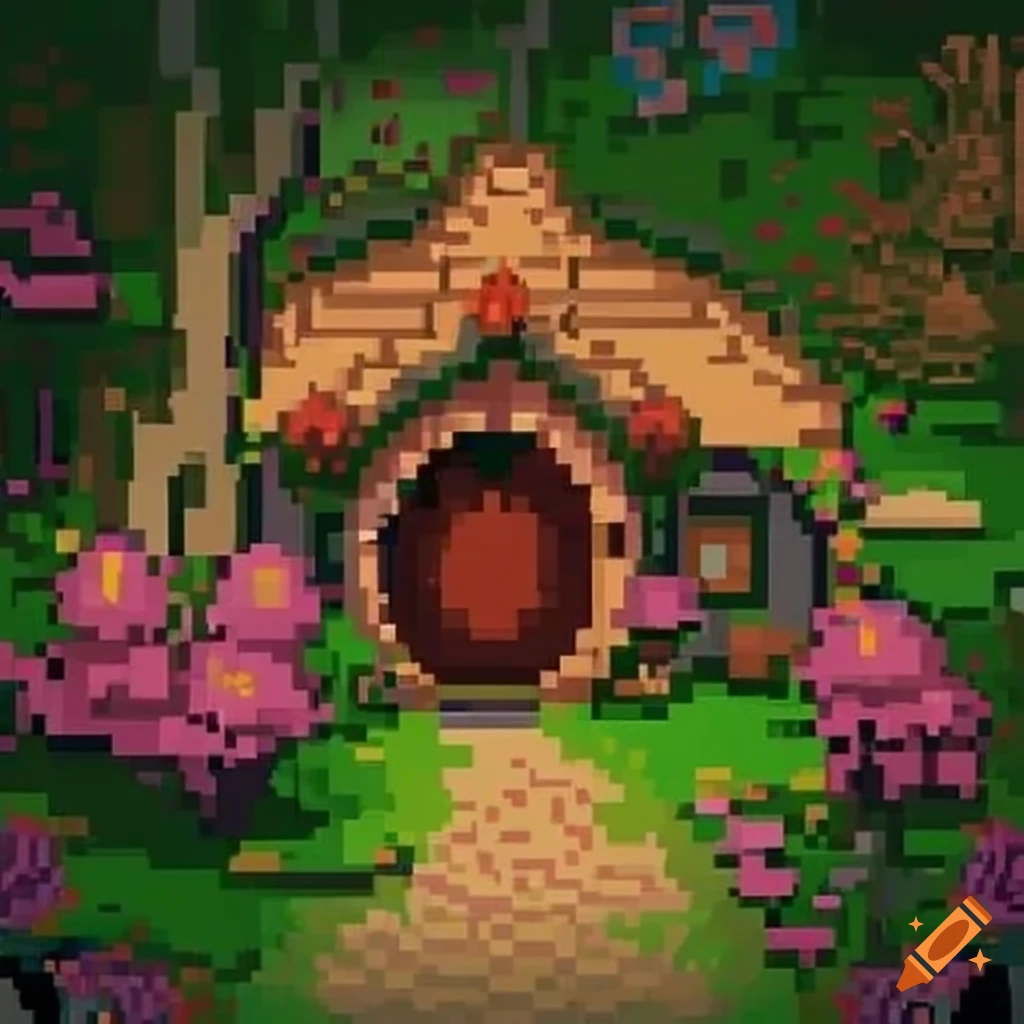 Detailed pixel art of a cozy hobbit house among blooming flowers on Craiyon
