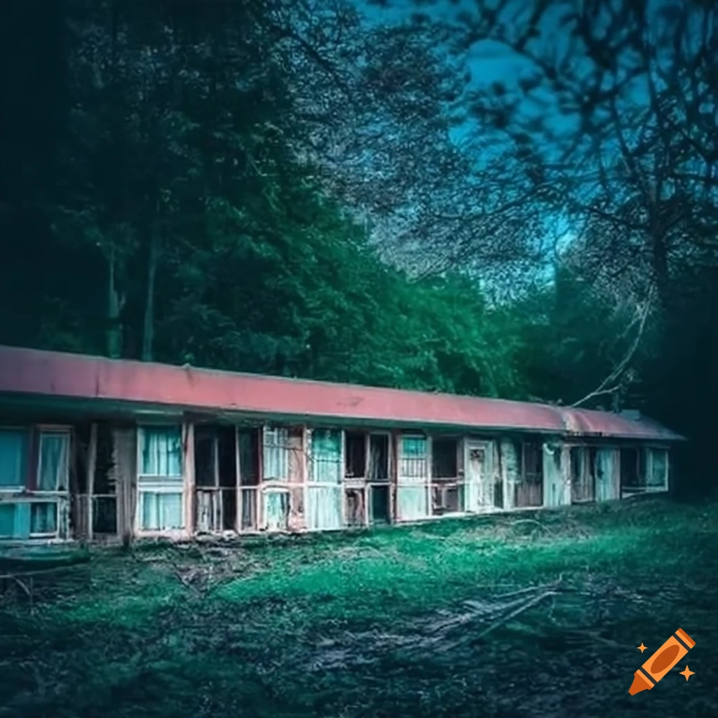 Dilapidated old motel in the middle of the woods on Craiyon