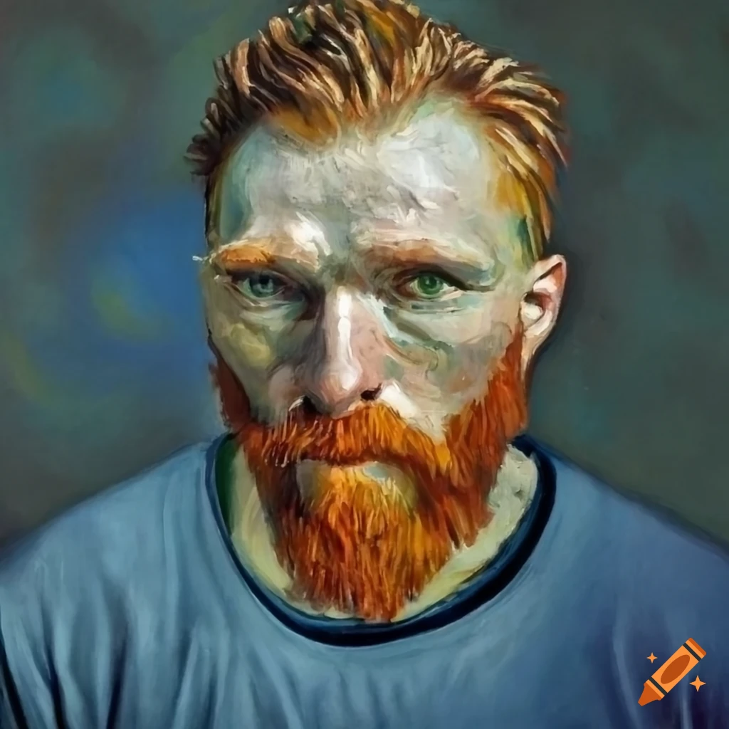 Realistic portrait of van gogh wearing a deep blue tee shirt in oil ...