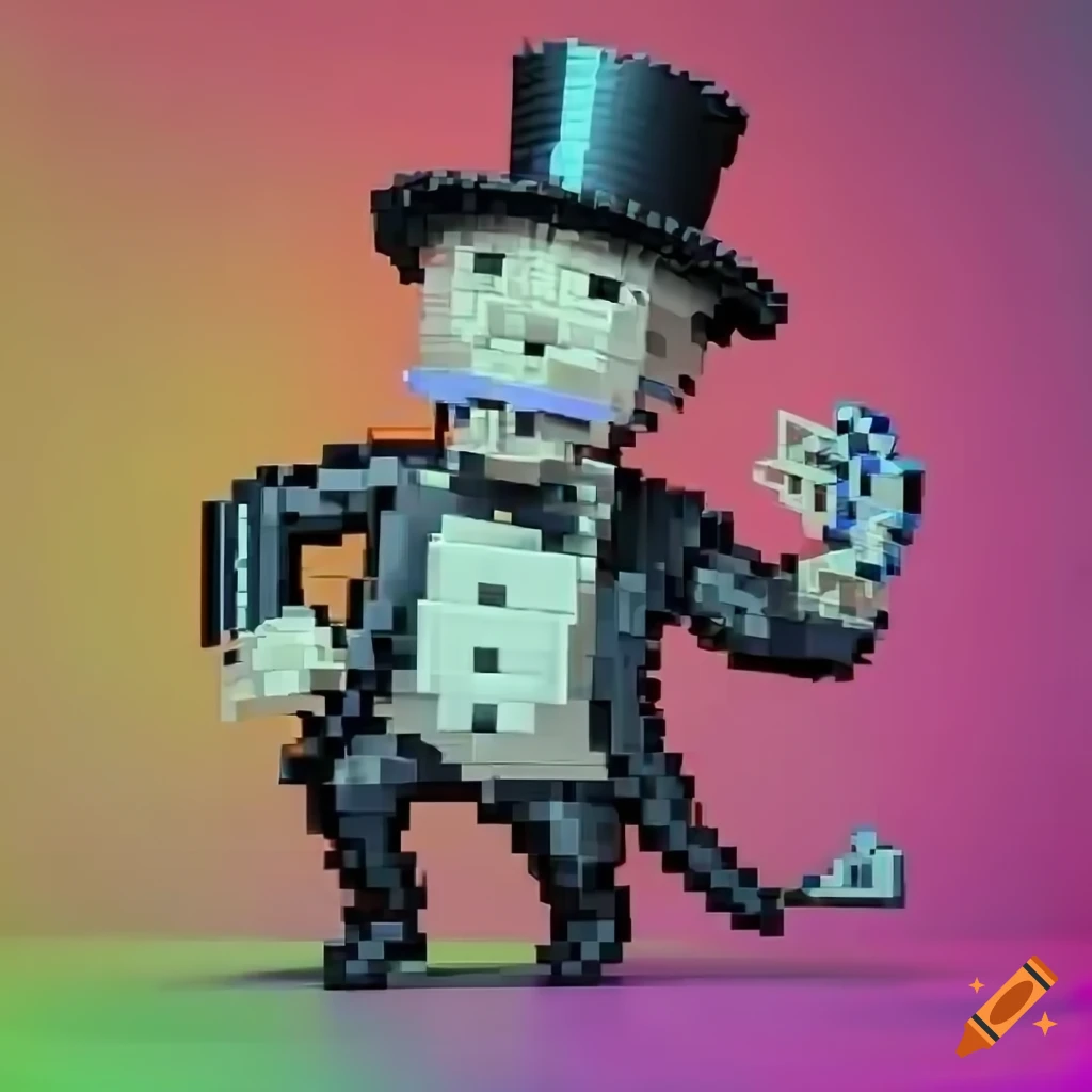 Pixelated 3D Monopoly man with colorful cinematic background and ...