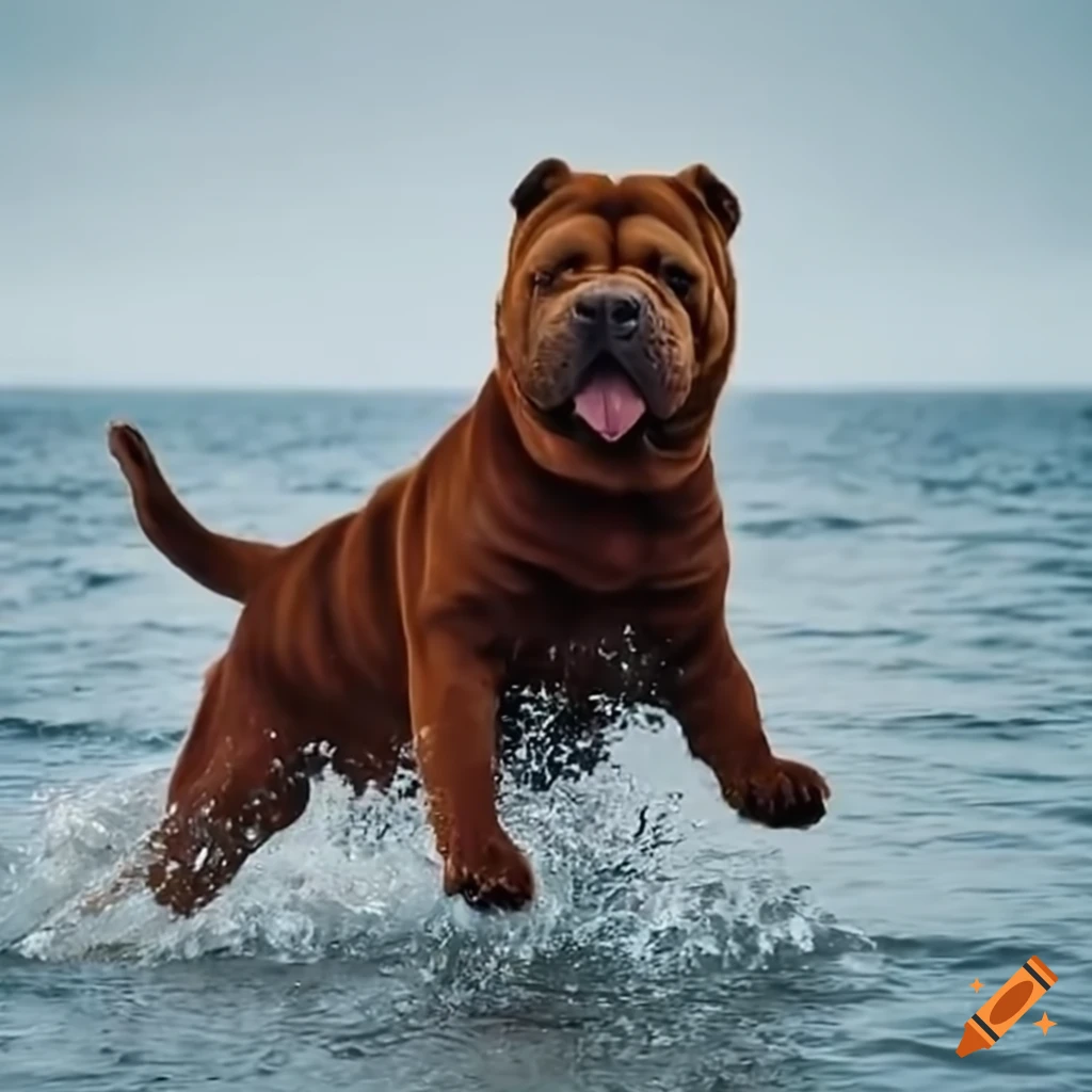 Red shar pei dog splashing in waves on Craiyon
