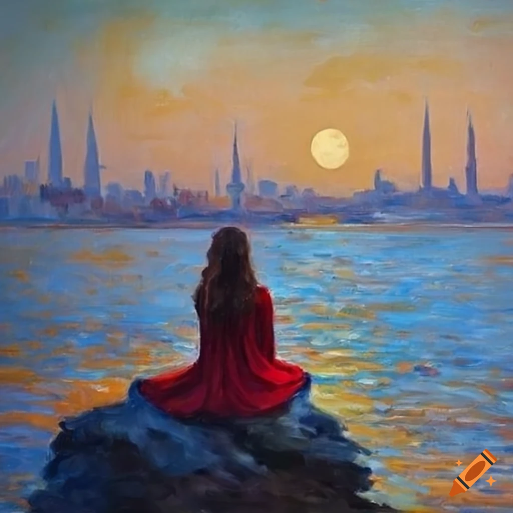 Masterful monet oil painting of a woman with long dark hair under a ...