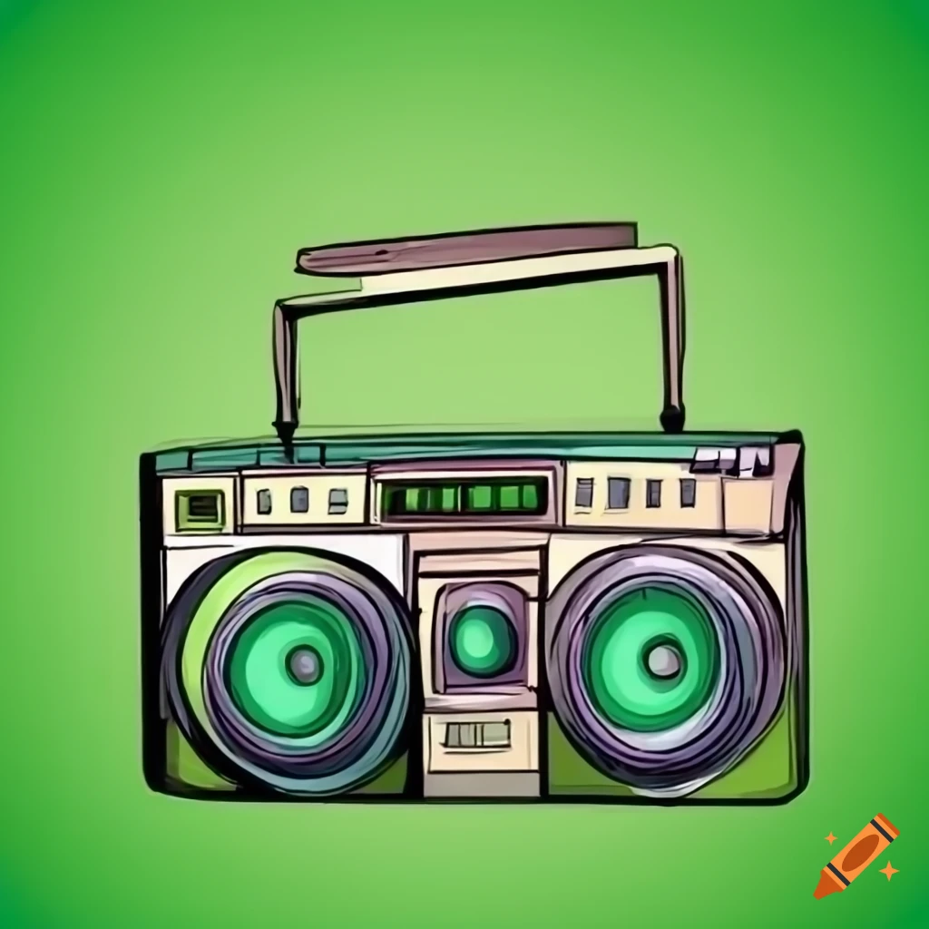 Green cartoon character with a boombox head on Craiyon