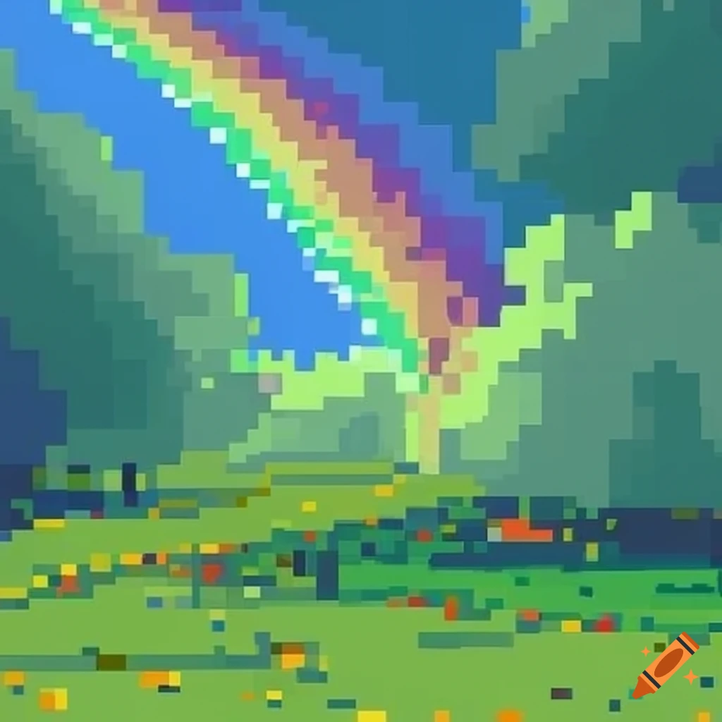 Peaceful meadow with a rainbow in pixel art style from an aerial view ...