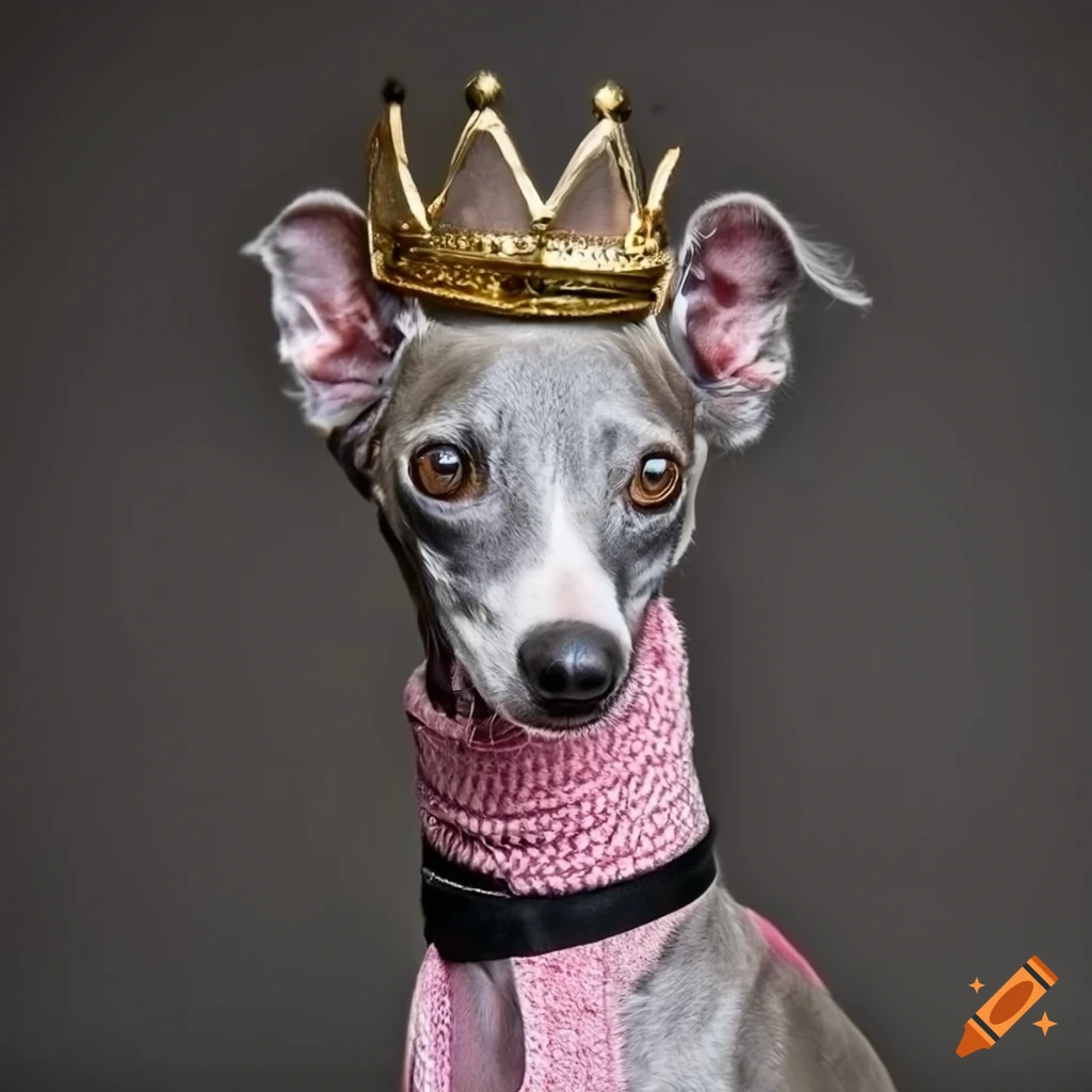 Beautiful grey italian greyhound with neck ruff and crown on Craiyon
