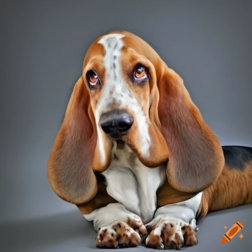 Hyper-realistic basset hound on a grey backdrop on Craiyon