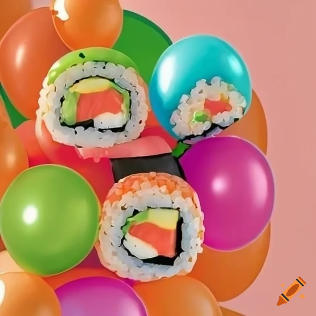 Sushi with colorful balloons in the background on Craiyon