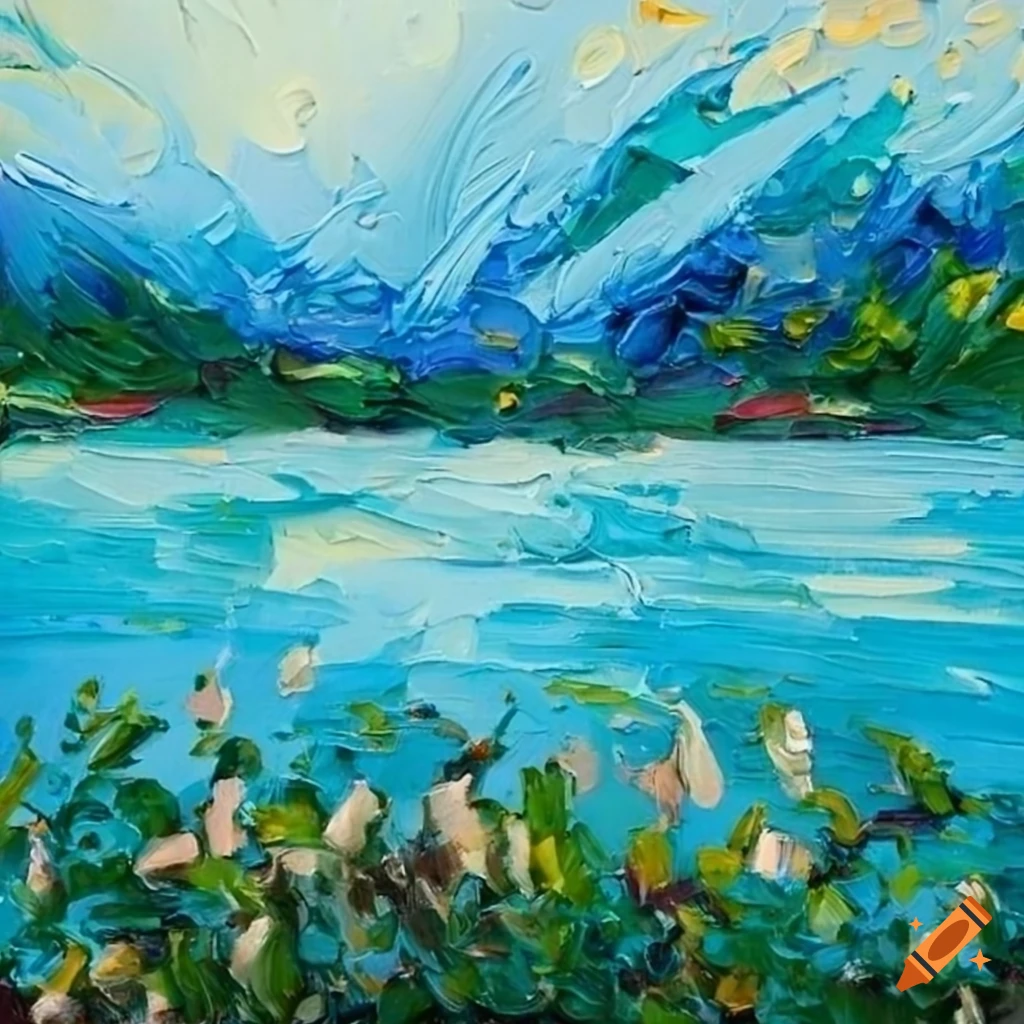 Abstract lake landscape with wildflowers in a vintage oil painting ...
