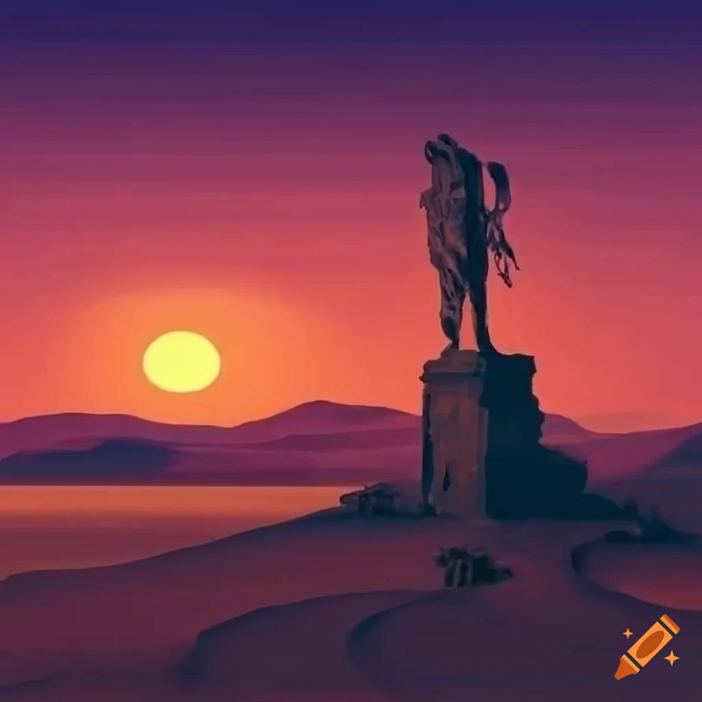 Desert landscape at sunset with a ruined statue half-buried in sand on ...