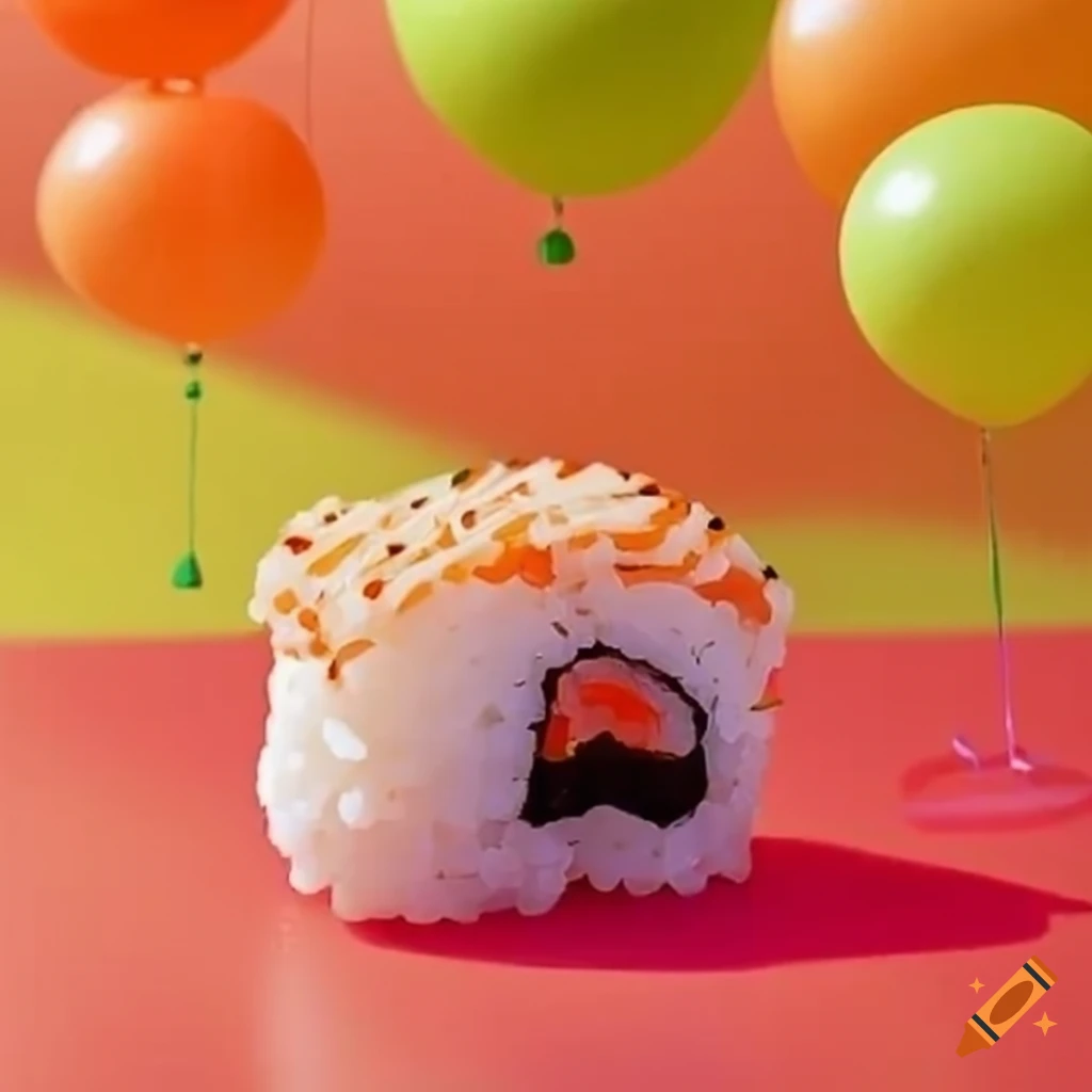 Sushi with colorful balloons in the background on Craiyon
