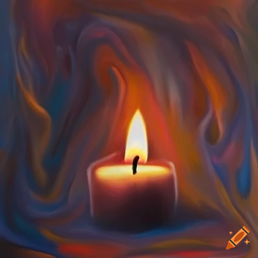Flickering candle in darkness with abstract flame design in oil ...