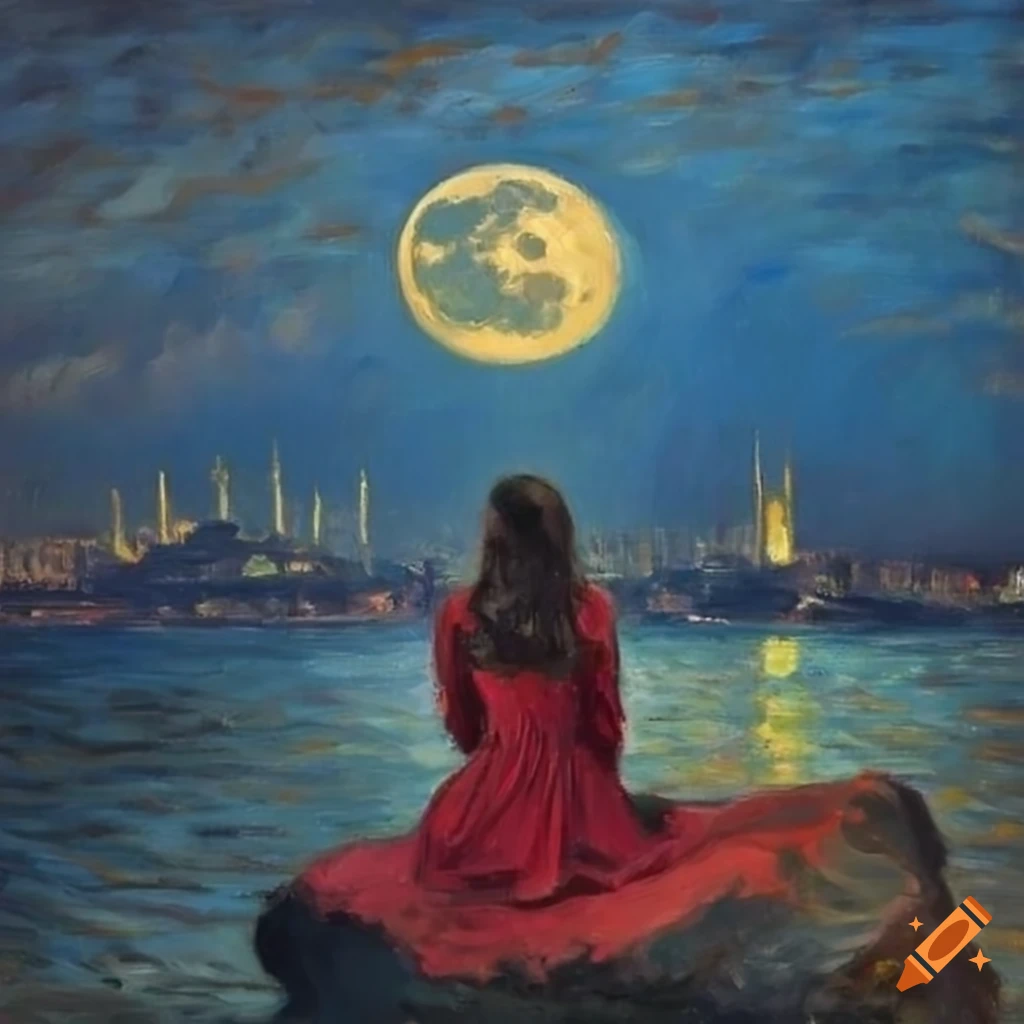 Monet-style painting of a woman with long dark hair under a full moon ...