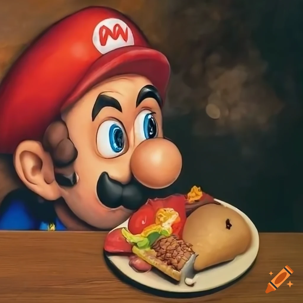 Mario enjoying a meal at a fast-food restaurant on Craiyon