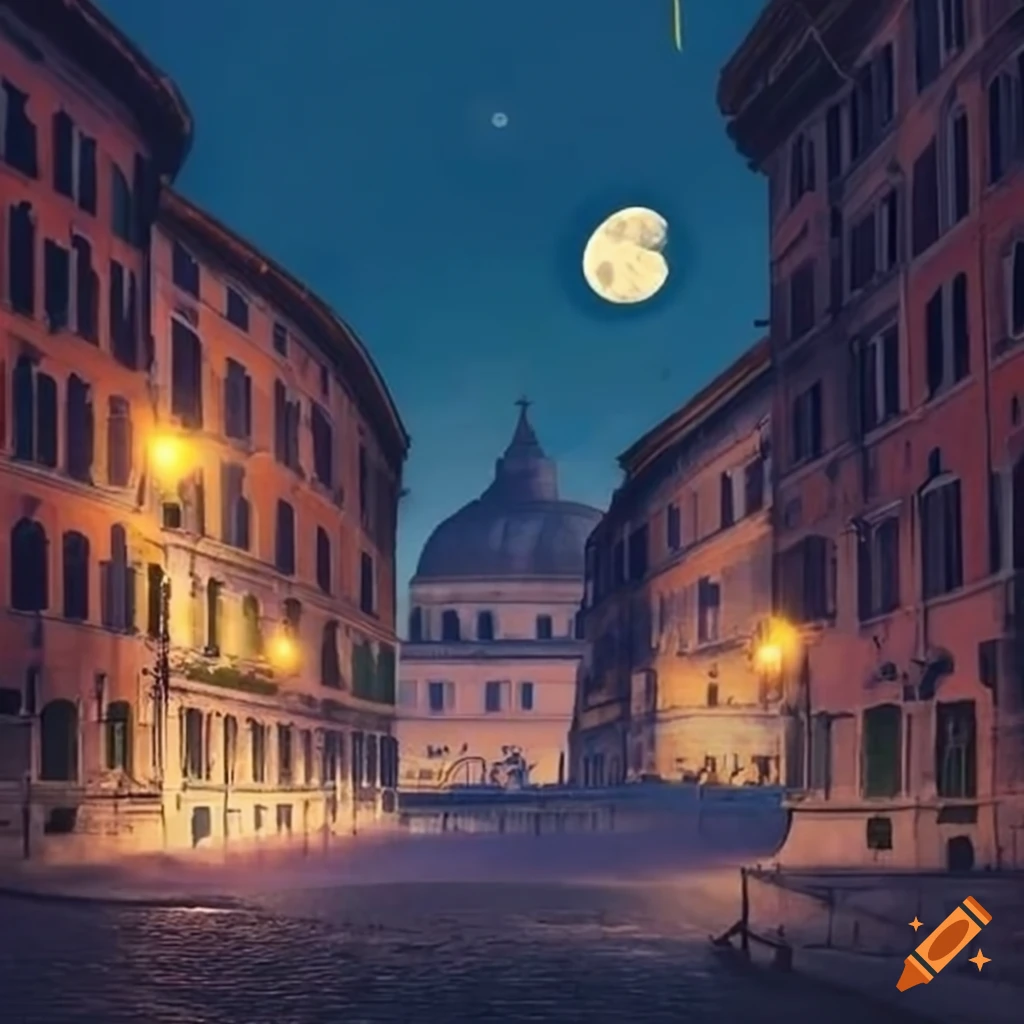 Studio Ghibli interpretation of Rome at night with moon in the sky on ...