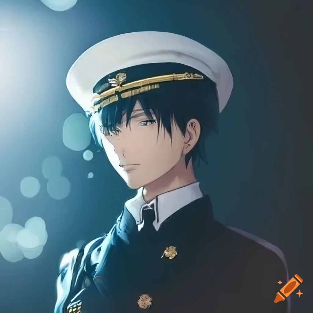 Anime character with black hair in naval officer uniform and hat on Craiyon