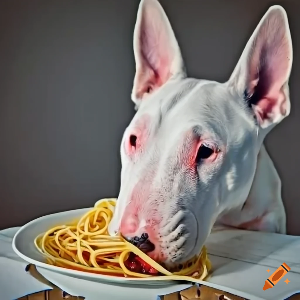 White english bull terrier enjoying spaghetti on Craiyon