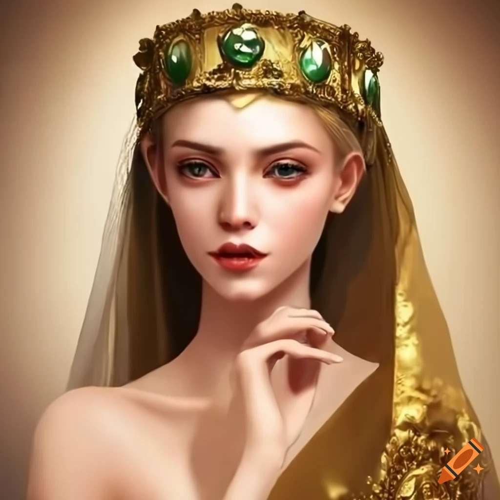 Young Roman empress in golden dress with detailed crown and veil in ...