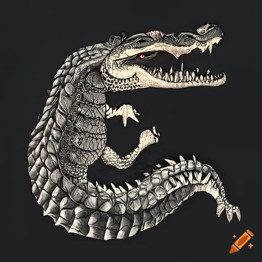 Intricate japanese artwork of a crocodile in black ink on Craiyon