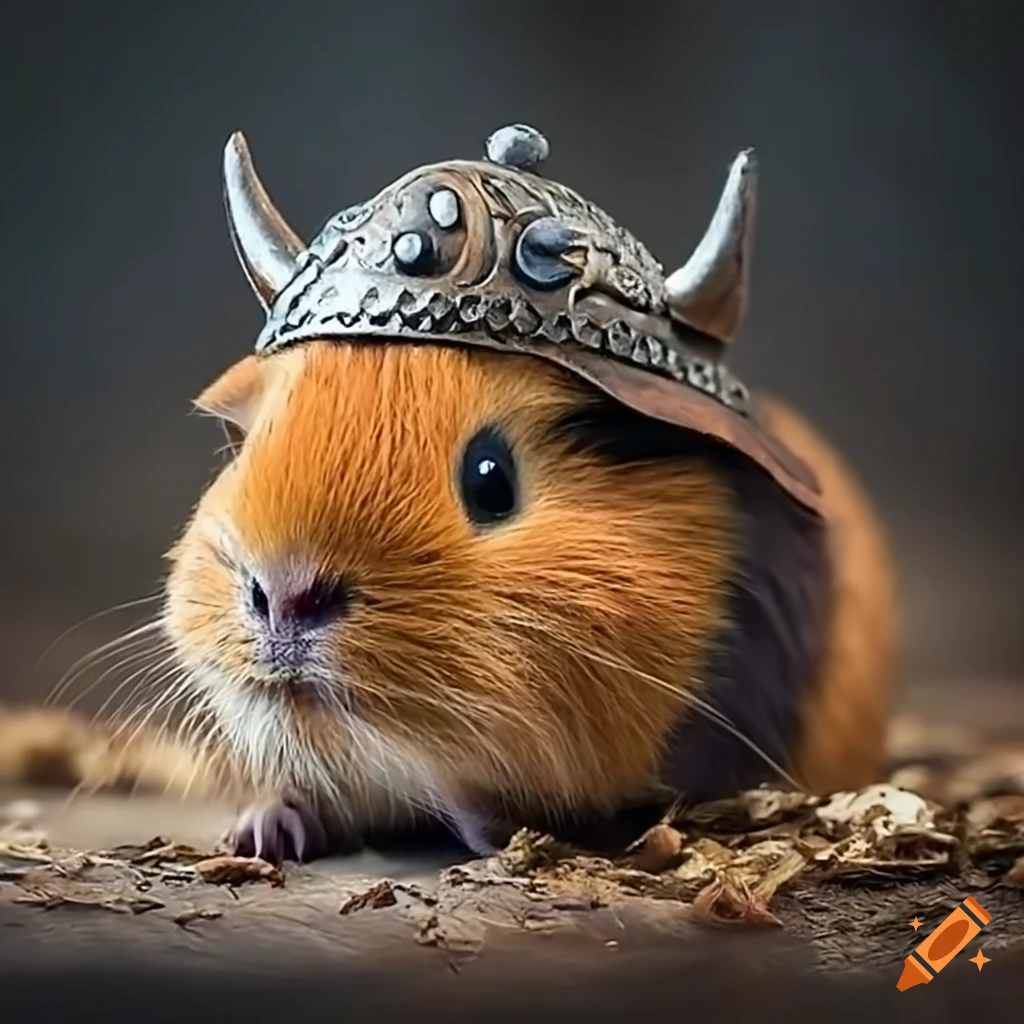 Playful guinea pig wearing a tiny viking helmet on Craiyon