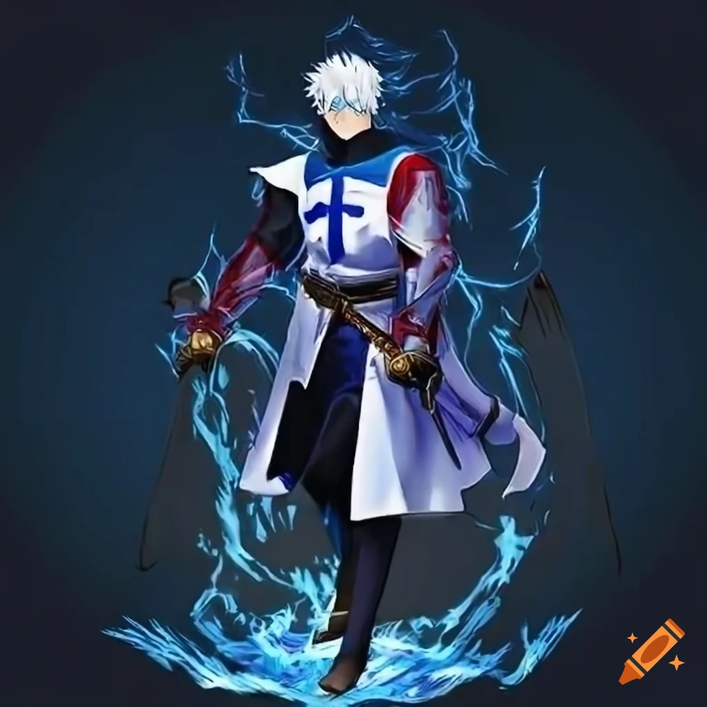 Andy bogard and satoru gojo fusion as a blue and white templar armor ...