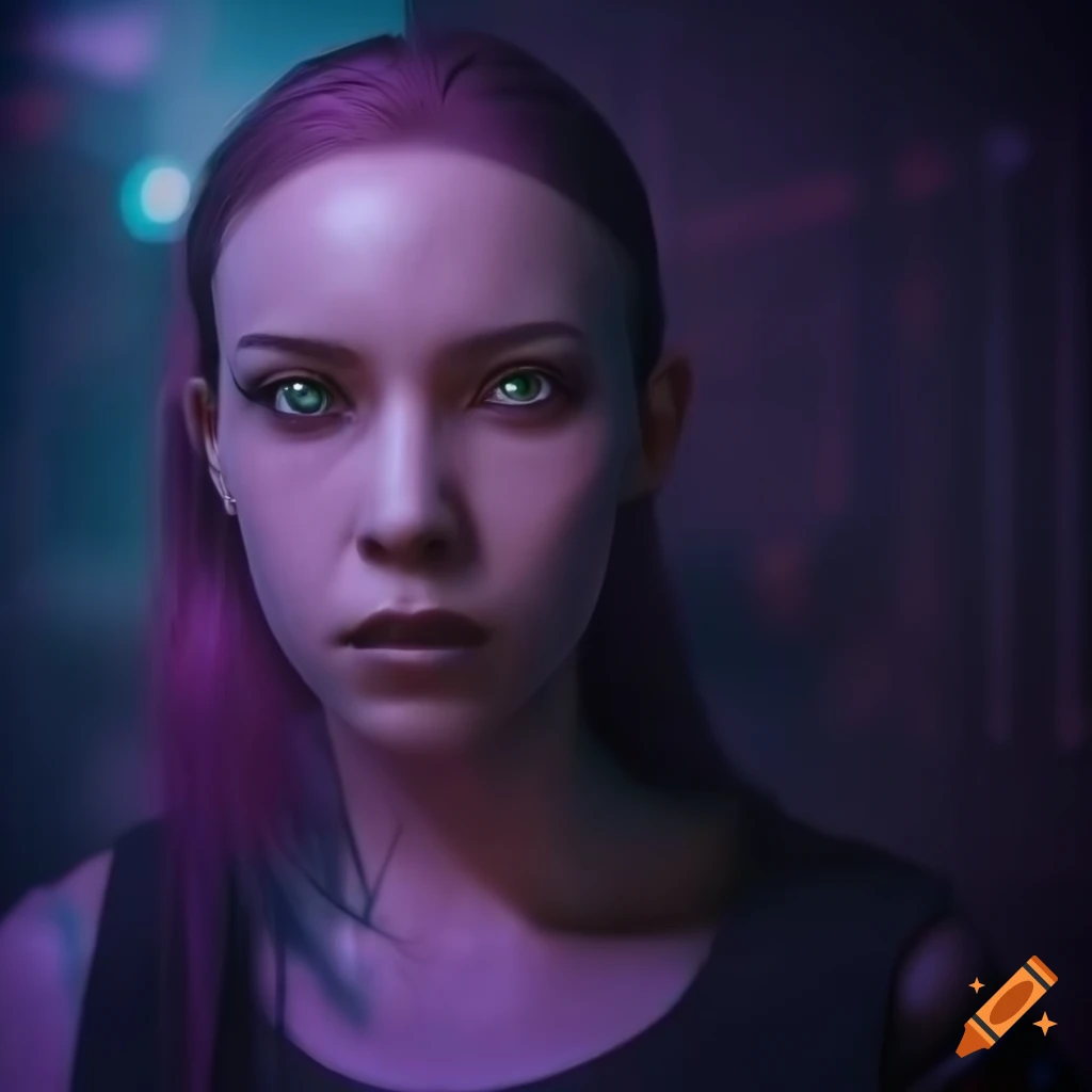 Portrait of a female NPC in a dark cyberpunk city with detailed ...