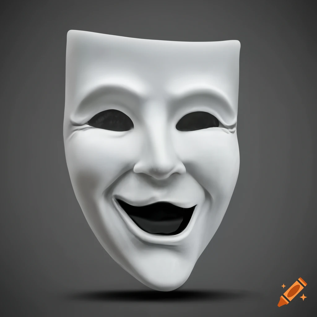 Dramatic white theater mask with a smile on black background on Craiyon