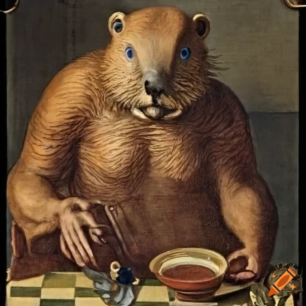 Beaver god with blue eyes inspired by 'The Ugly Duchess' drinking water ...