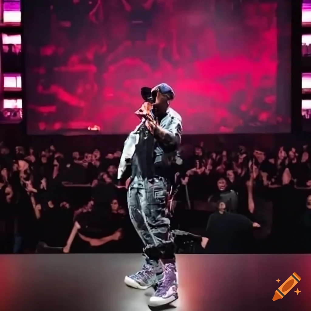 Rapper performing on stage with a large tv screen nearby on Craiyon