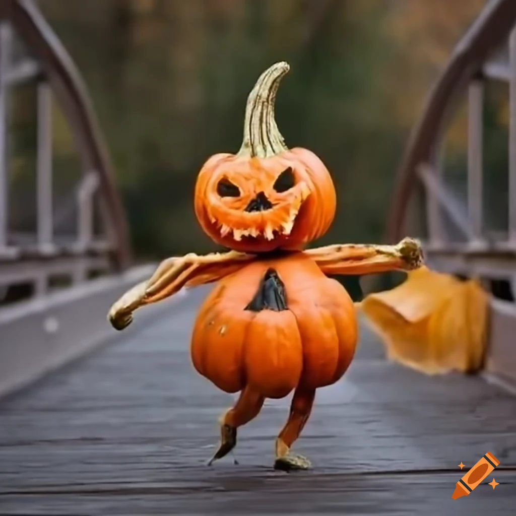 Anthropomorphic pumpkin dancing on a bridge on Craiyon